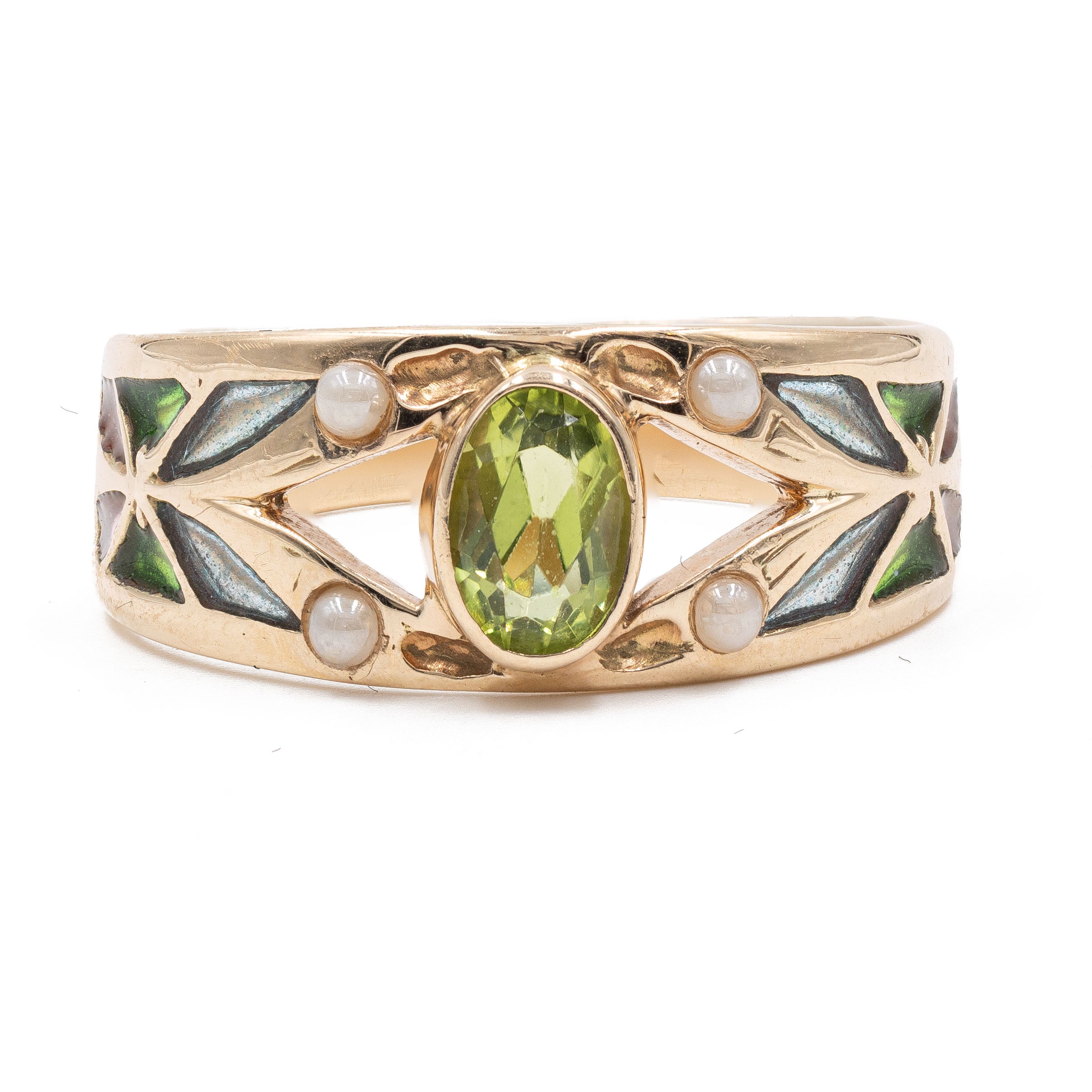 Anello vintage in oro giallo 14k con peridoto e paste di vetro colorat ...