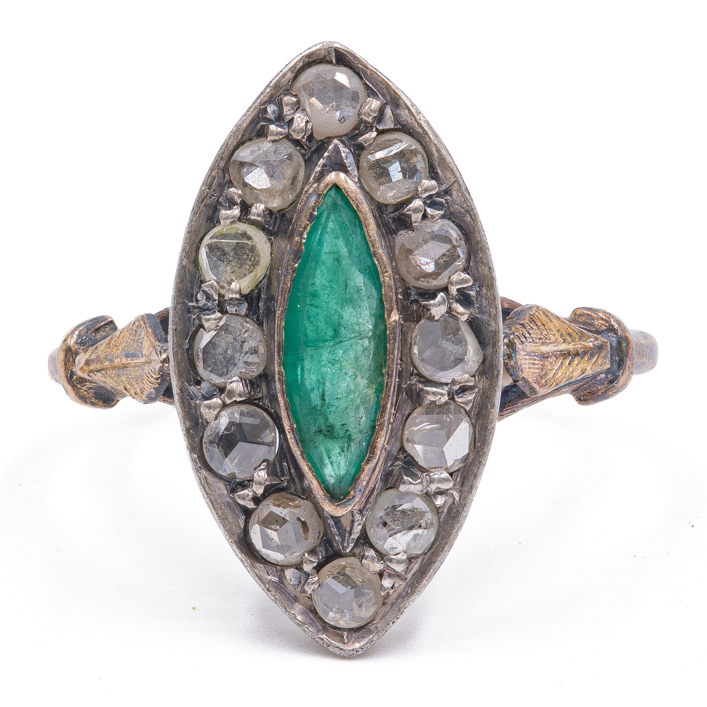 Anello antico in oro 18k e argento con smeraldo e diamanti taglio rose ...