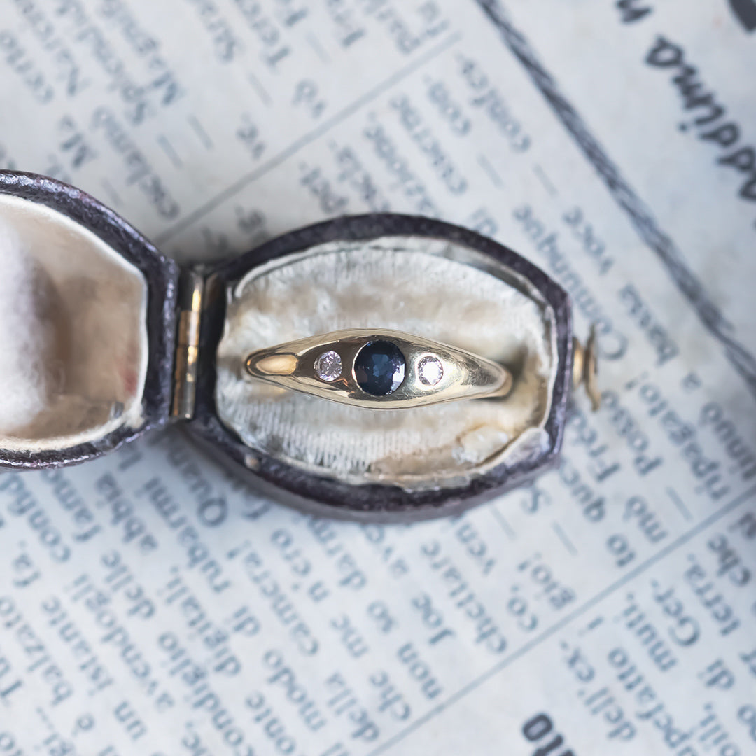 Vintage gypsy trilogy in 14K gold with sapphire and diamonds (0.10ctw ...