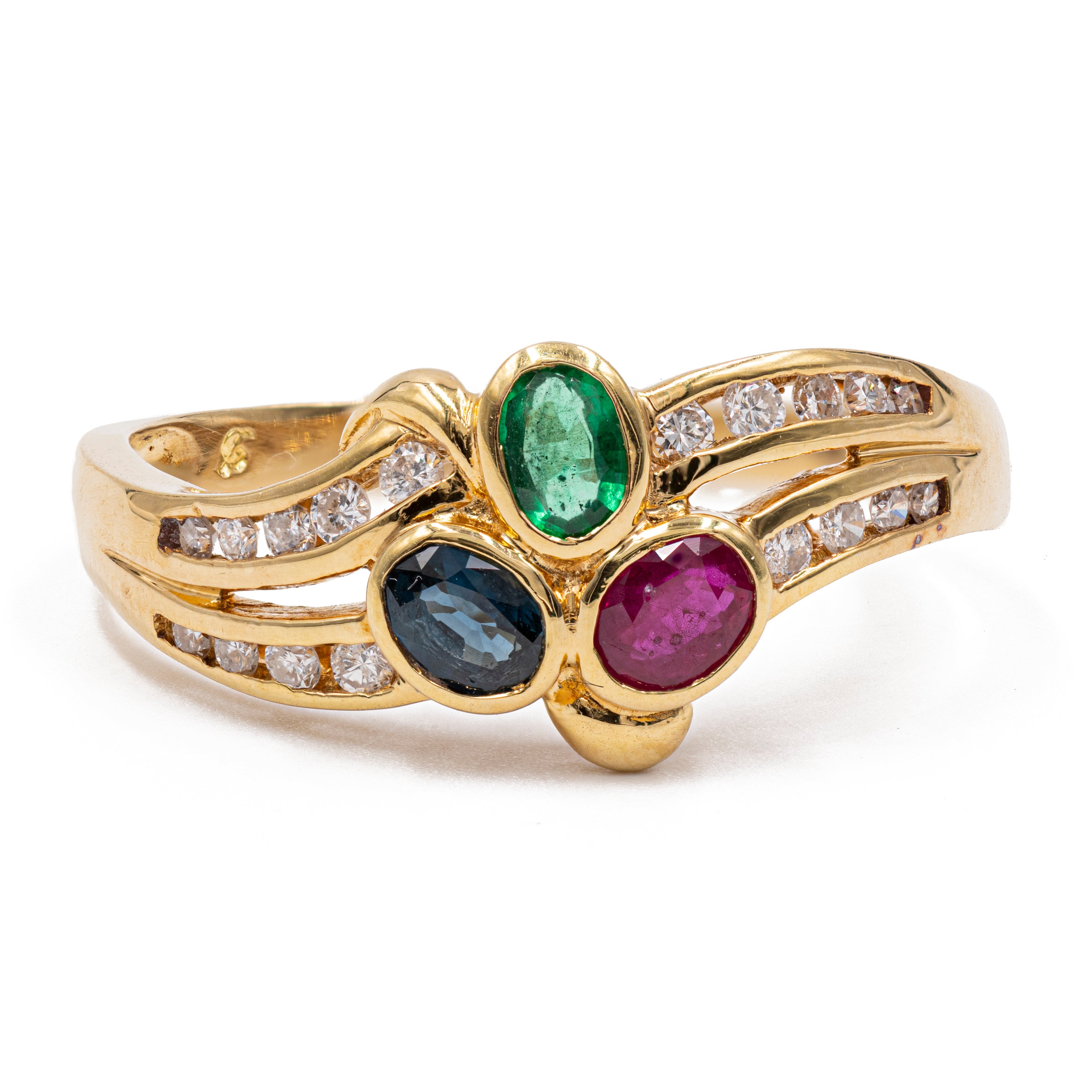 Anello vintage in oro giallo con zaffiro, rubino, smeraldo e diamanti ...