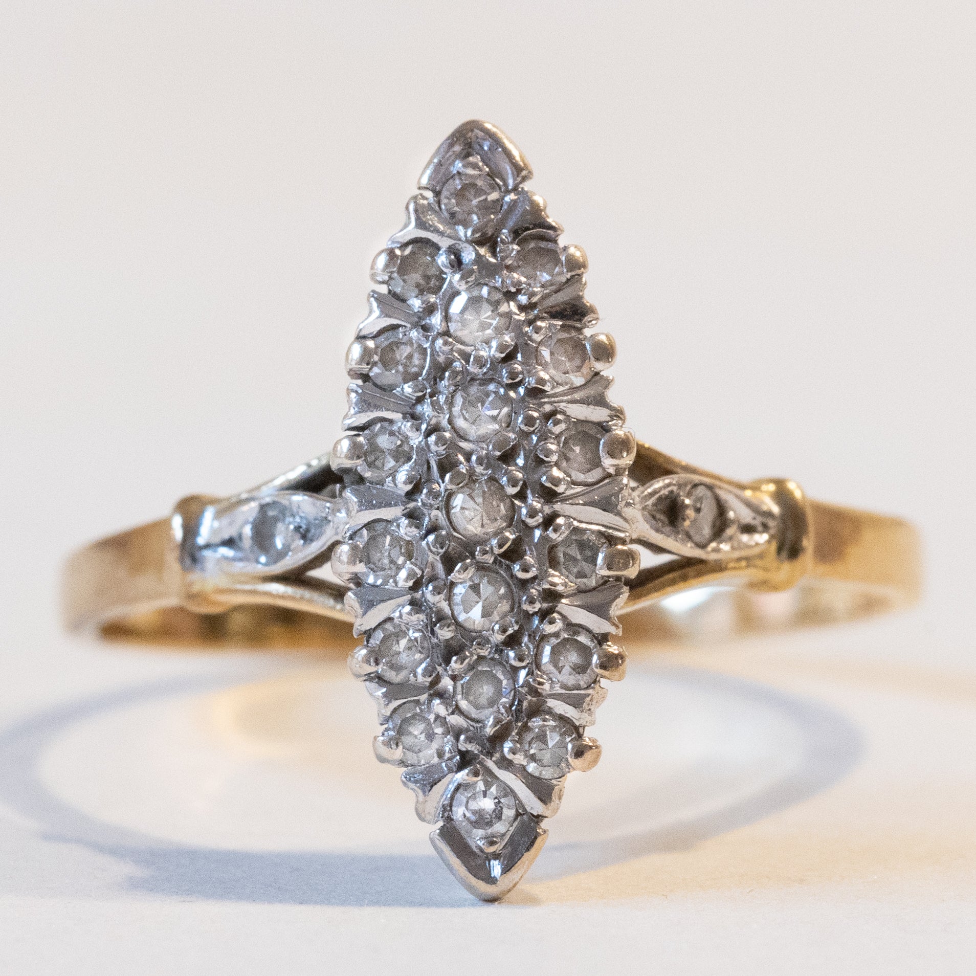 Vintage navette ring in 18K gold with diamonds (0.20ctw approx ...